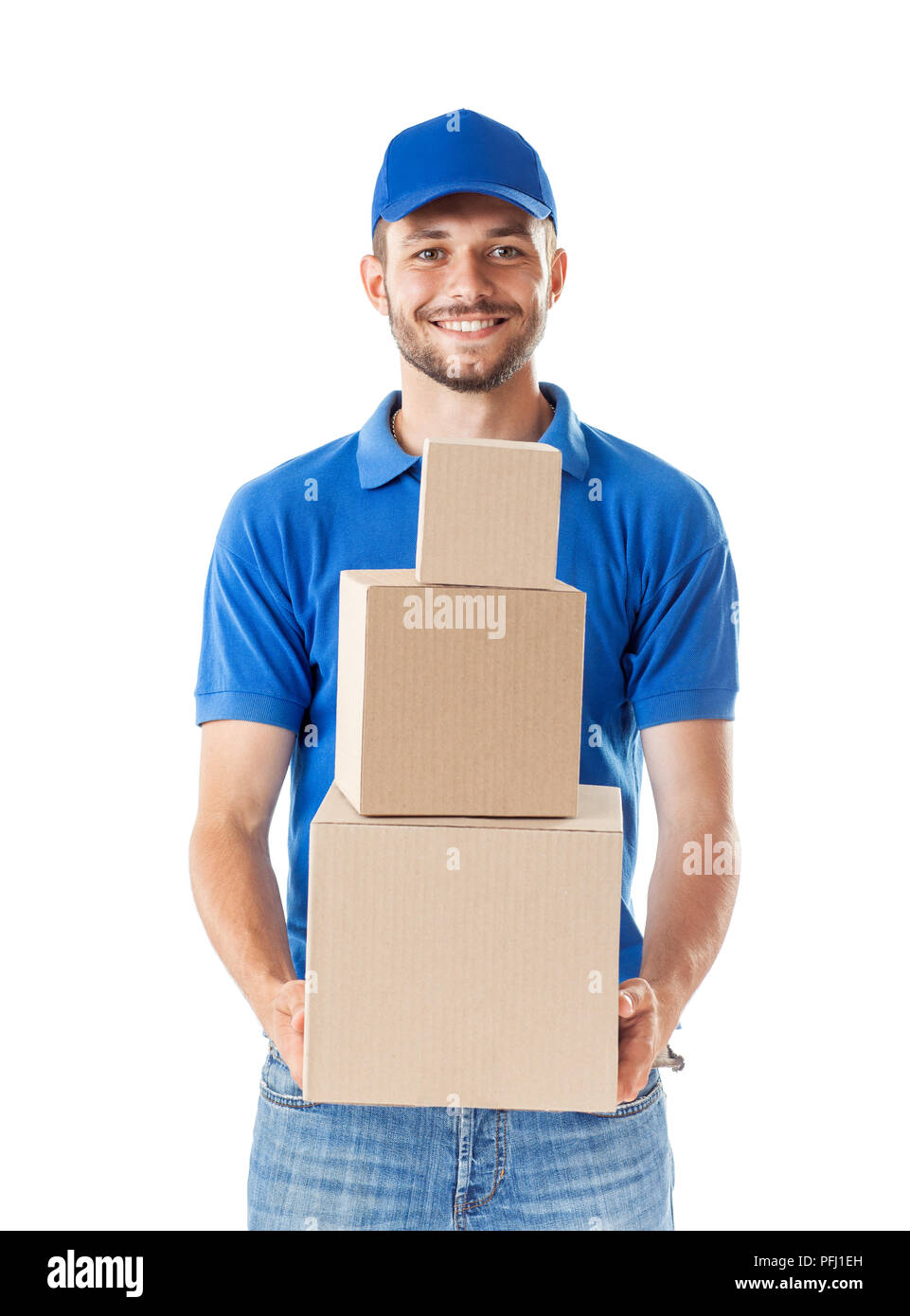 Smiling courier delivering parcels isolated on white background Stock ...