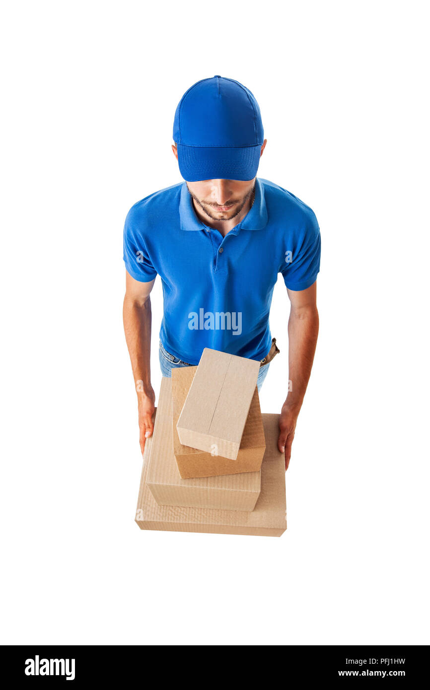Delivery man with boxes in blue uniform isolated on white background ...