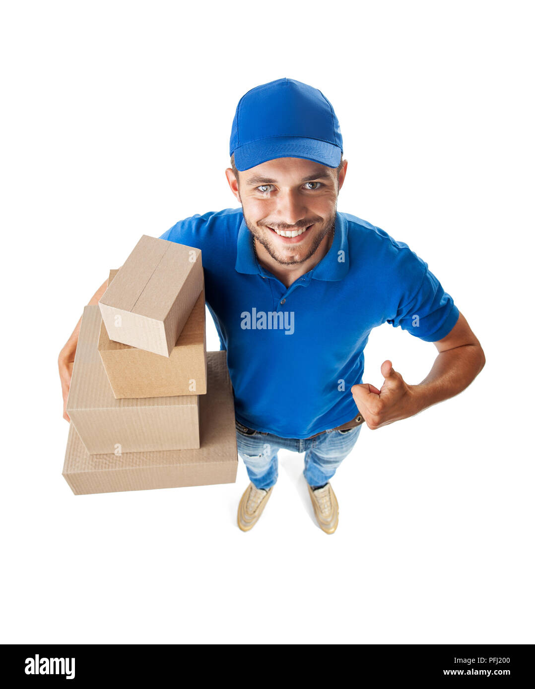 Fish eye shot of delivery man Funny courier with boxes looking at ...