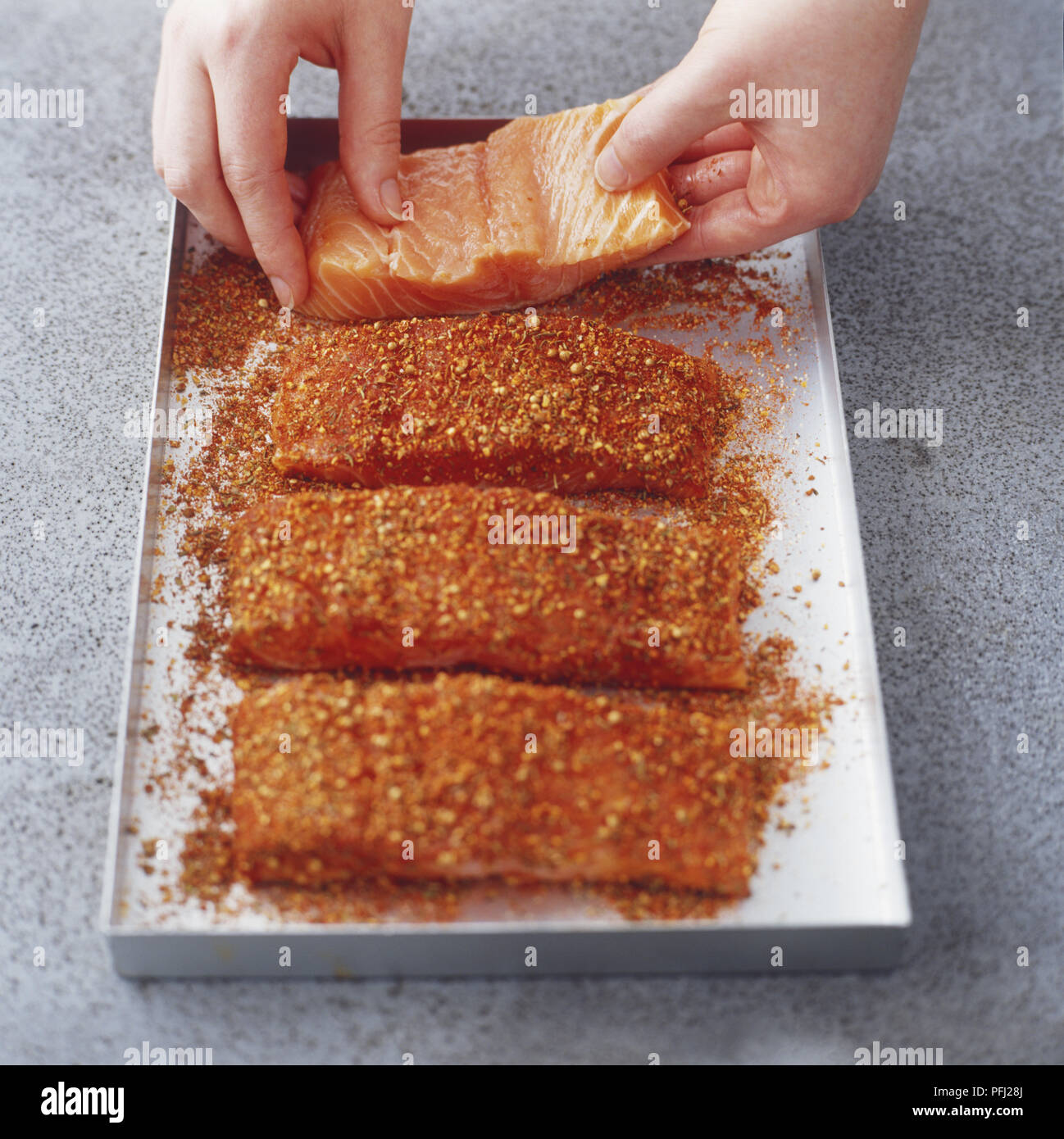 Covering four pieces of salmon with spice mixture Stock Photo - Alamy