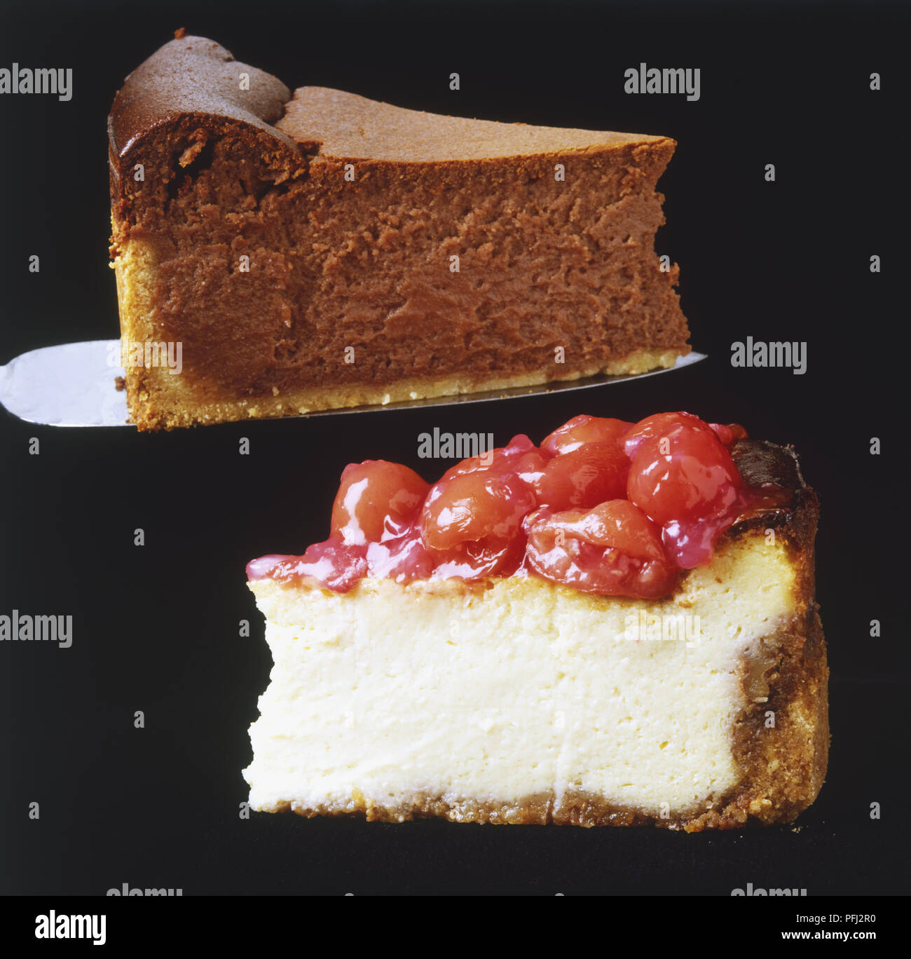 Two pieces of cheesecake, one chocolate flavoured, and the other topped ...