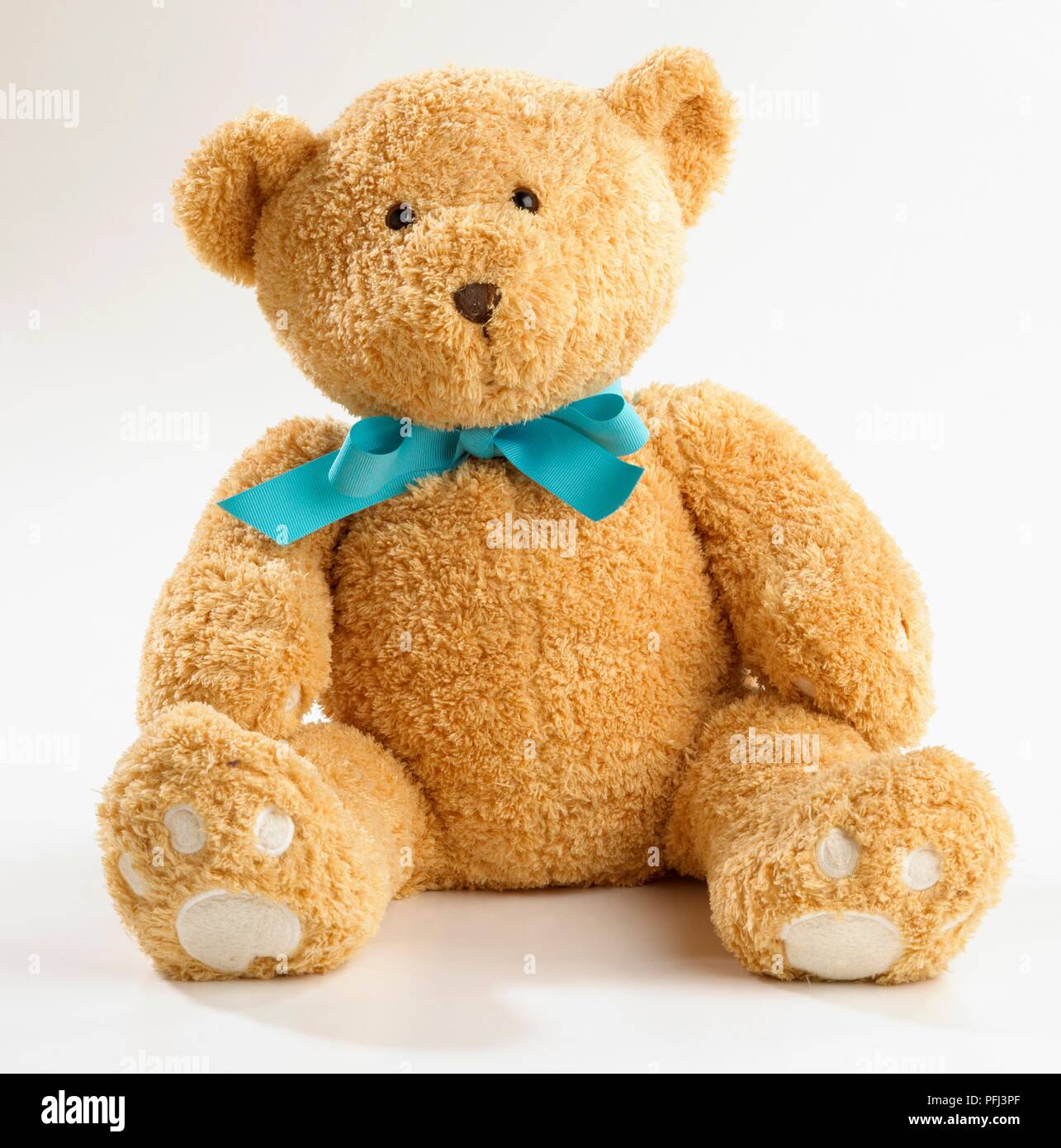 Teddy bear with blue ribbon bow tie Stock Photo - Alamy