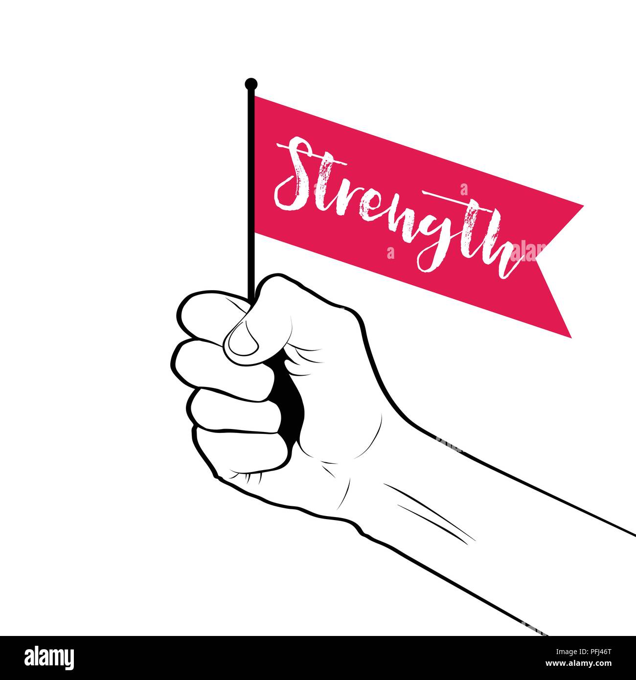 Clenched fist raised in the air holding a strength banner flag Stock ...
