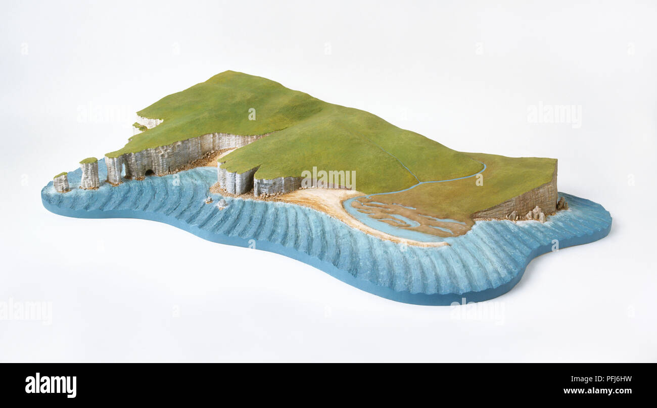 Three-dimensional model of coastline showing cliffs, caves, grass ...