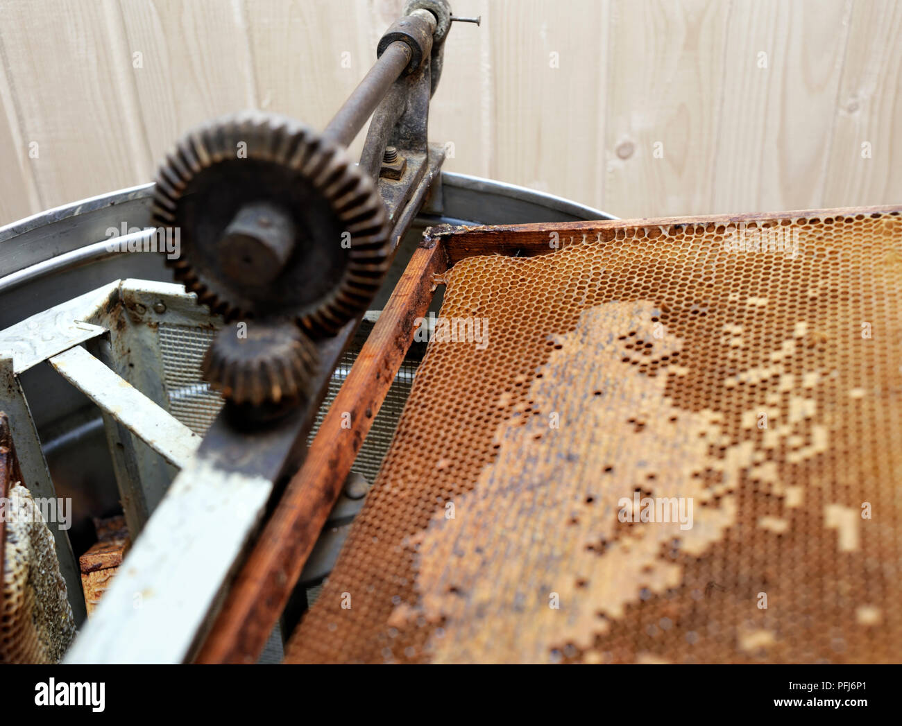 Arrangment of a honey extractor with honeycomb frame, shallow depth of ...