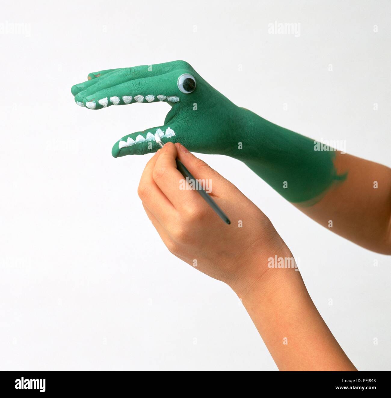 Girl painting a crocodile on her hand, using a paintbrush Stock Photo ...
