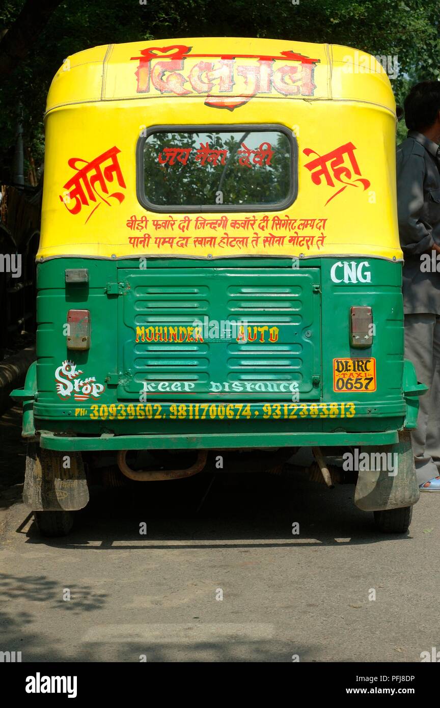 India, Delhi, motorised rickshaw, rear view Stock Photo - Alamy