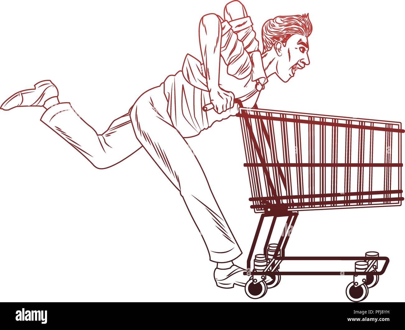 Adult man running with shopping cart pop art red lines Stock Vector ...