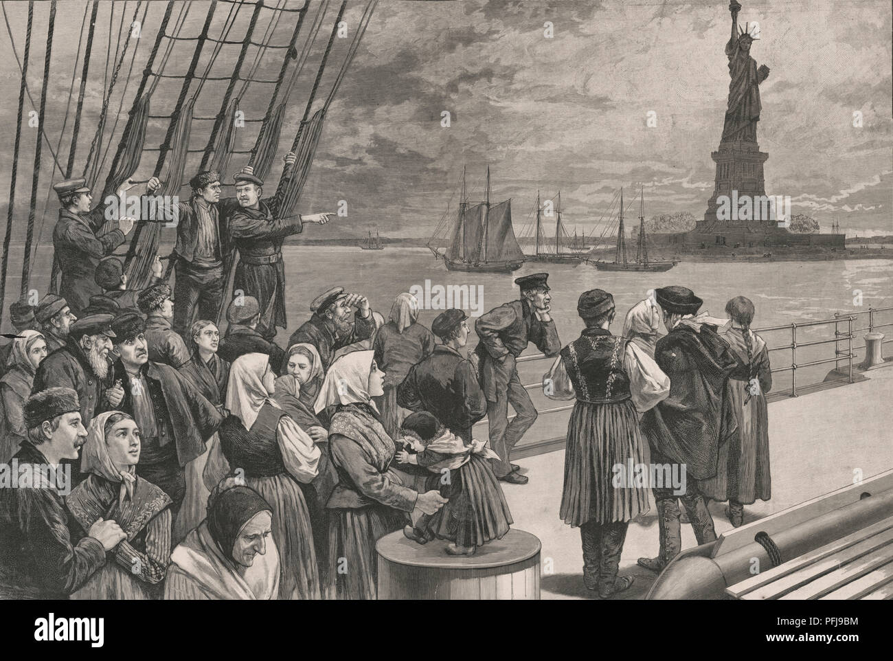 New York - Welcome to the land of freedom - An ocean steamer passing ...