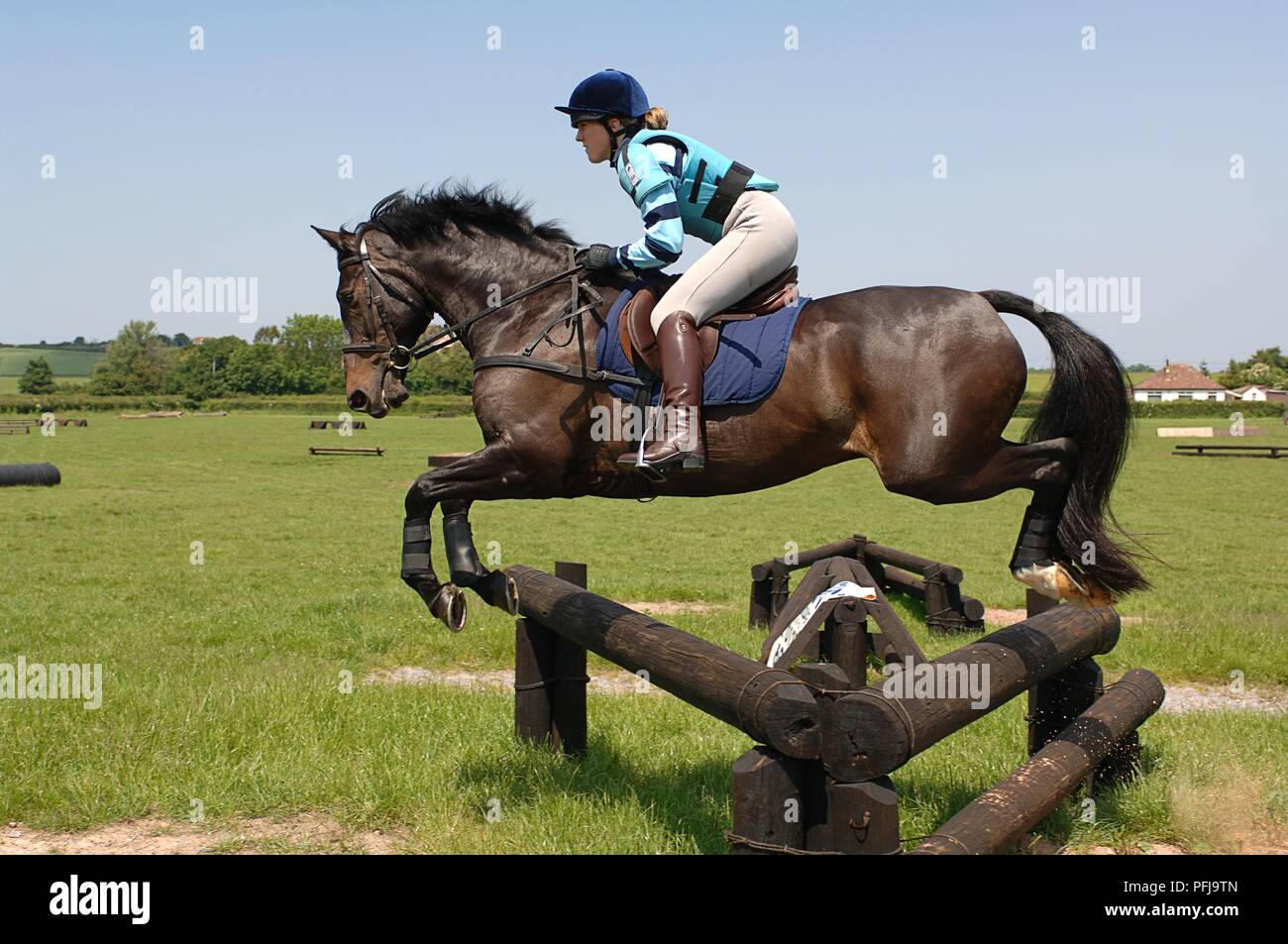 Woman riding horse, jumping corner fence, side view Stock Photo - Alamy