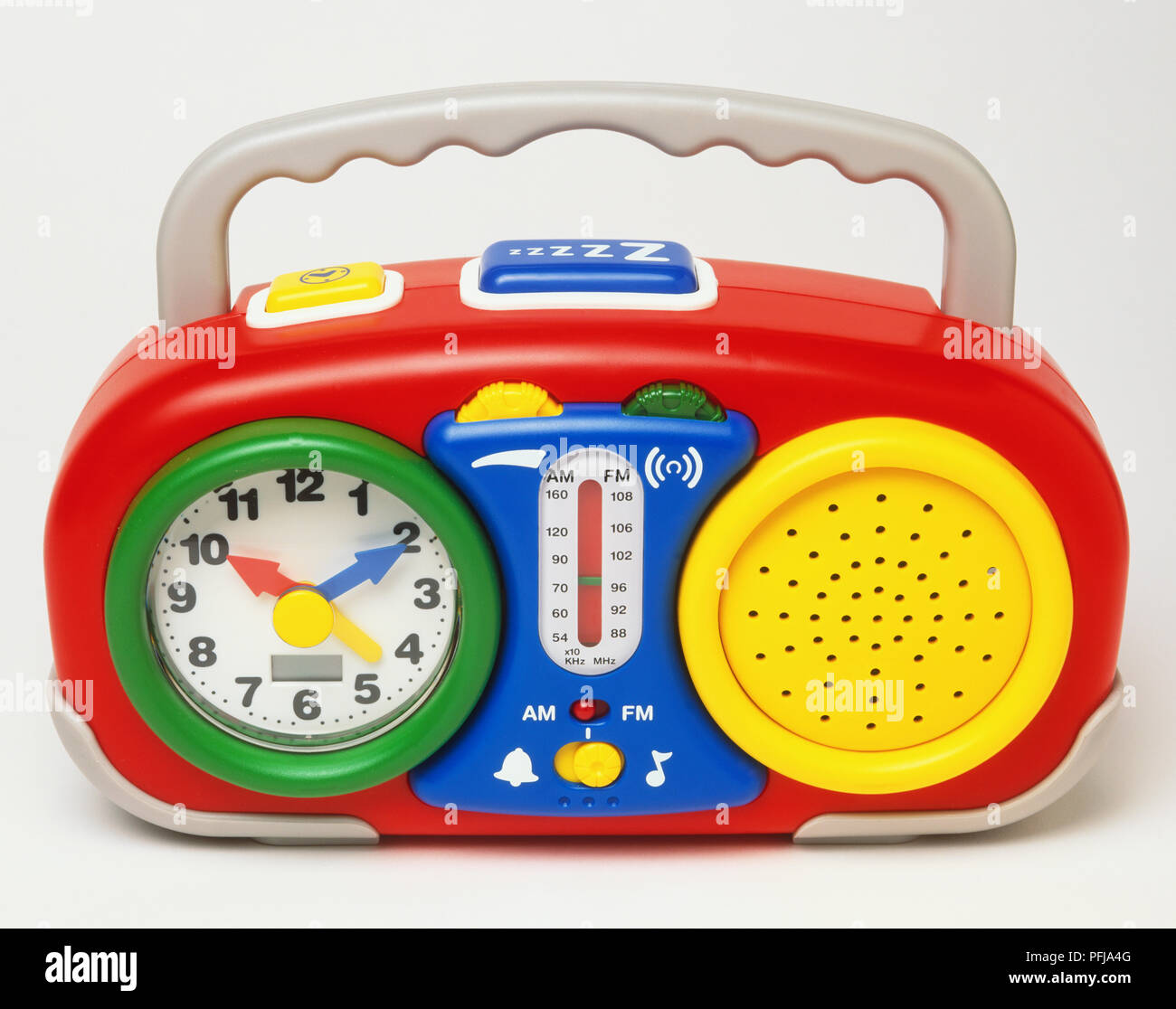 Multi-coloured, portable radio with integrated clock Stock Photo - Alamy