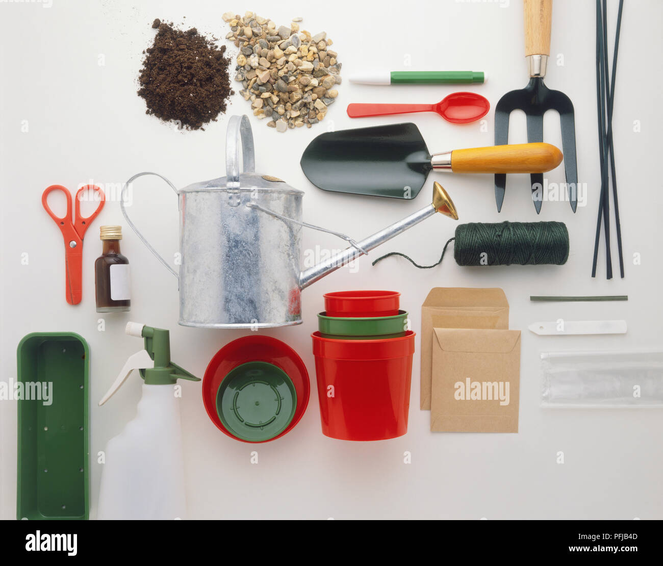 Gardening equipment, including watering can, pots, trowel, fork, seed ...