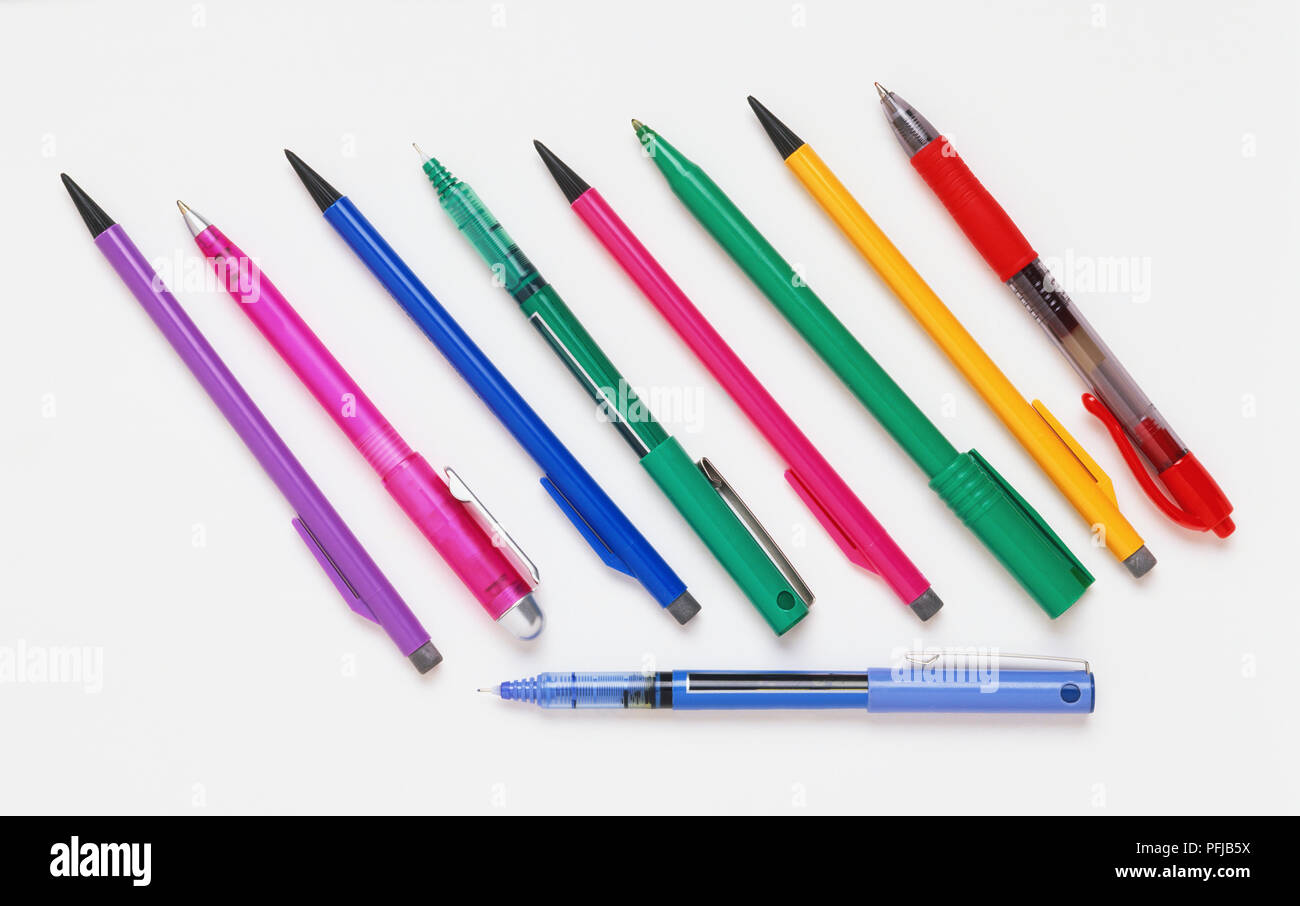 Selection of pens, green, blue, pink, purple and red Stock Photo - Alamy