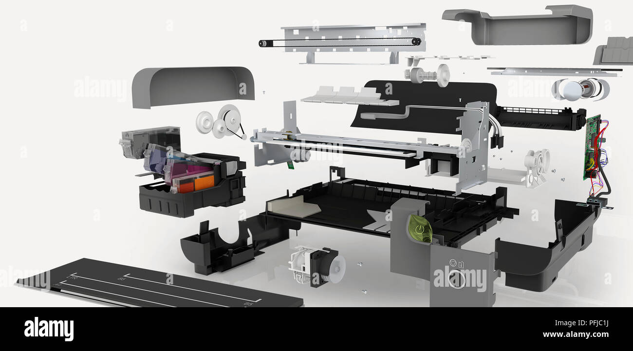 Disassembled parts of an inkjet printer Stock Photo - Alamy