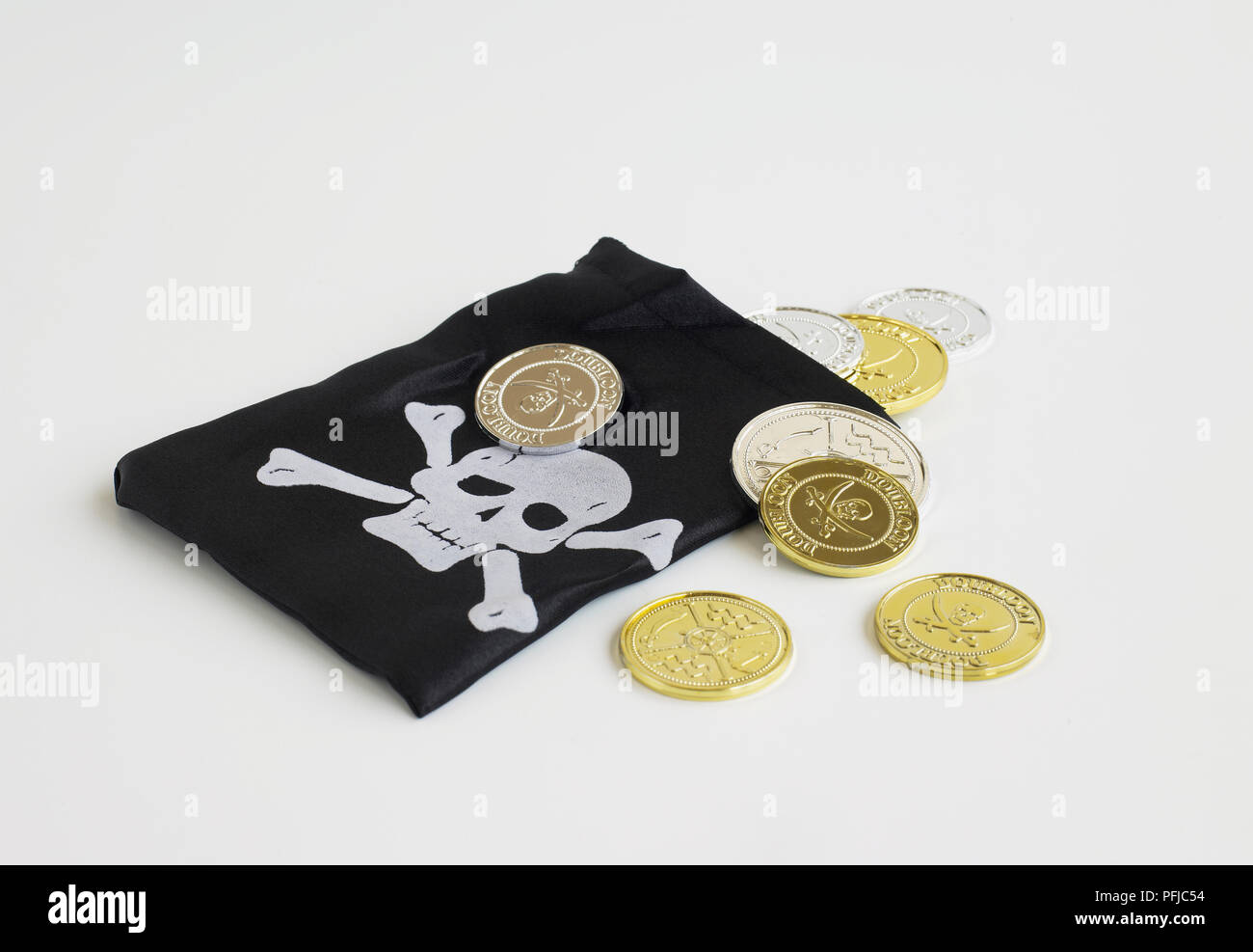 Pirate's purse with skull and crossbones on and fake gold and silver ...
