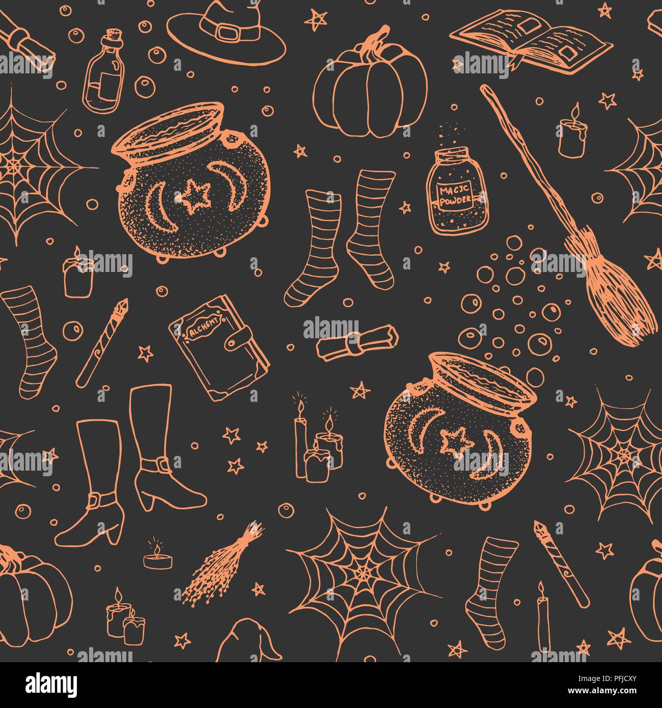 Vector Halloween pattern with hand drawn pumpkin, cauldron, spider web ...