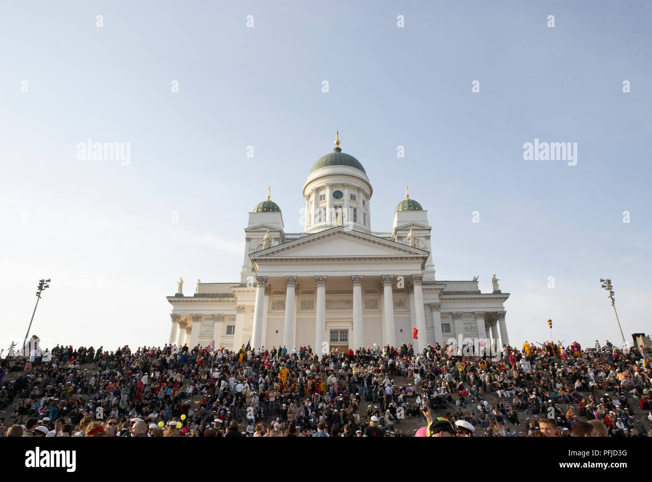 Finland, Helsinki, Senate Square, crowd gathered for Vappu celebrations ...