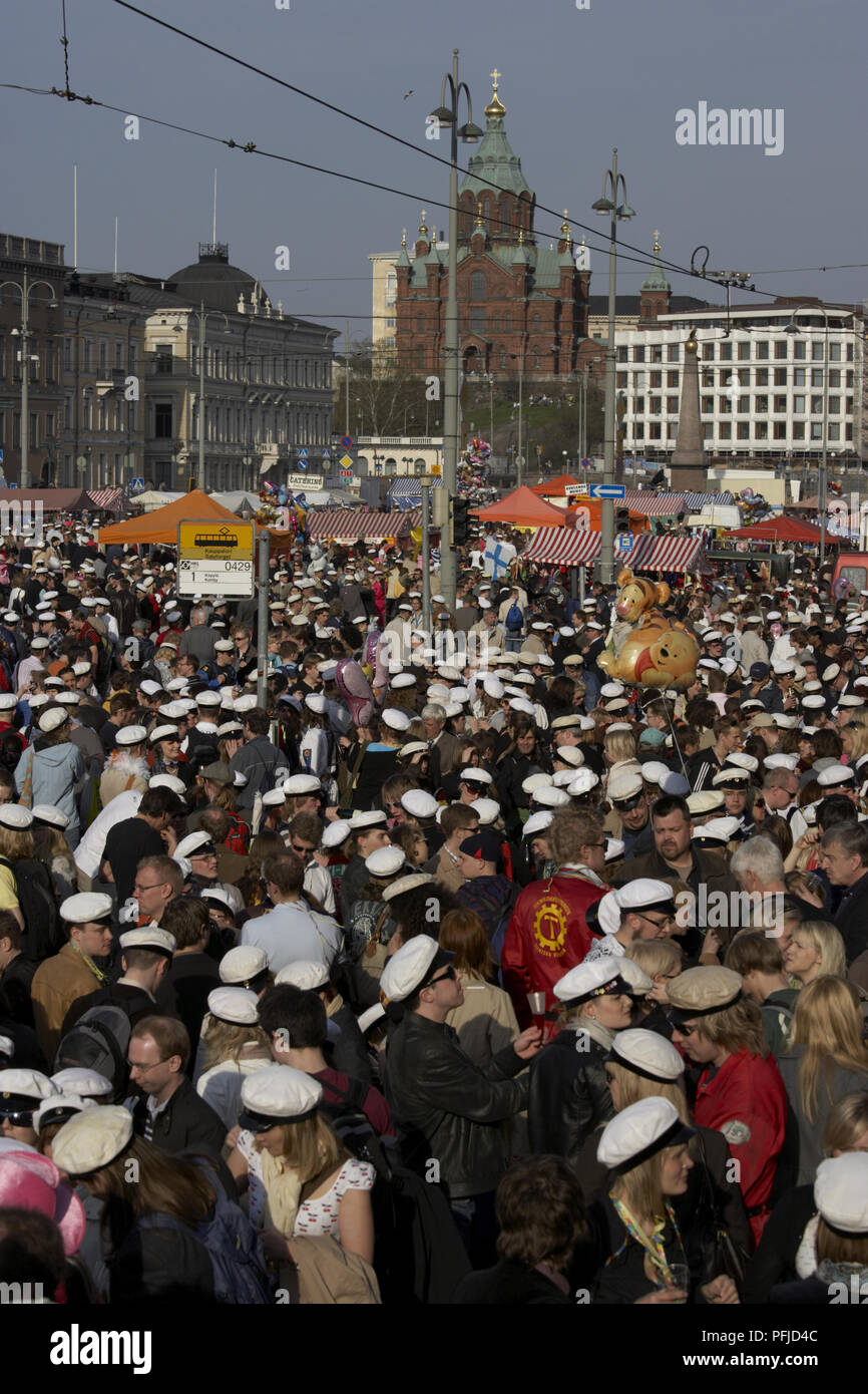 Finland, Helsinki, Market Square, Vappu celebrations (Walpurgis), crowd ...