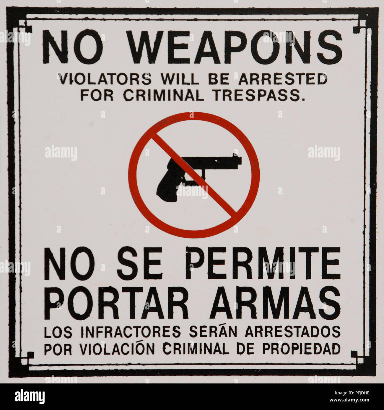 USA, Texas, San Antonio, No Weapons warning sign showing handgun inside ...