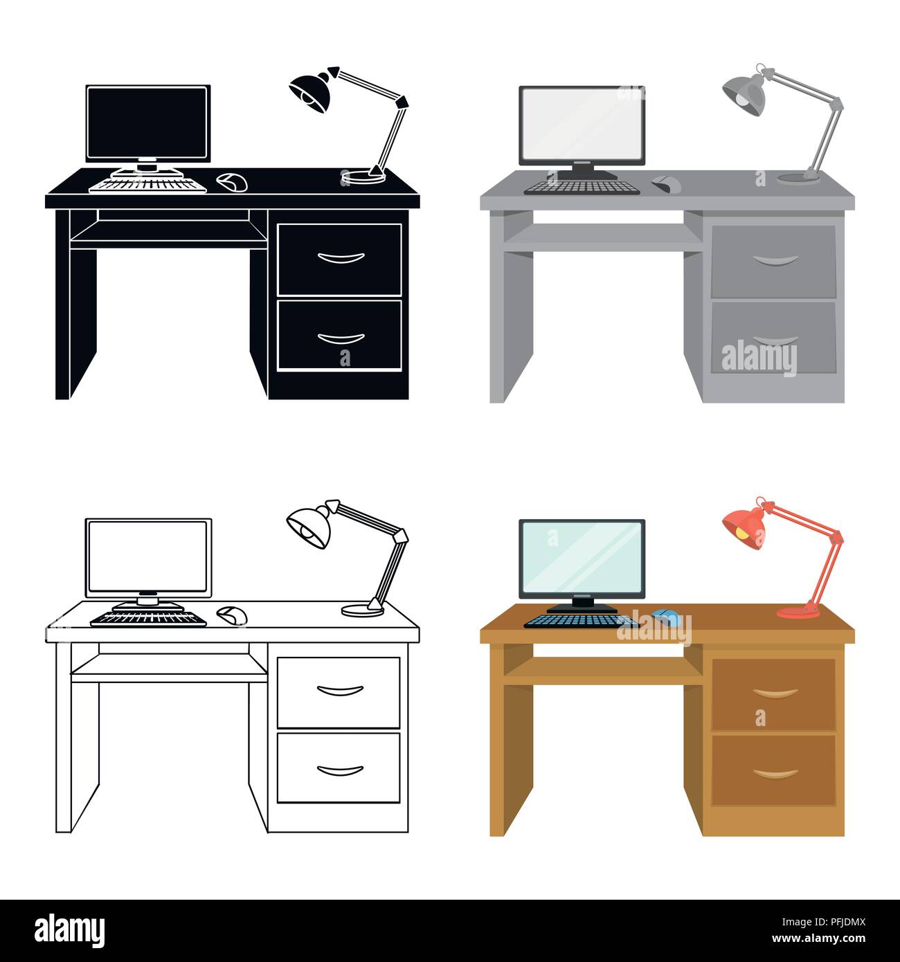 A desk with a computer and a desk lamp. Furniture and interior single ...