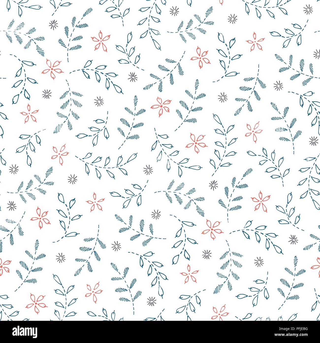 Hand Drawn Foliage and Flowers, Mimicking Embroidery Stitches, on White ...