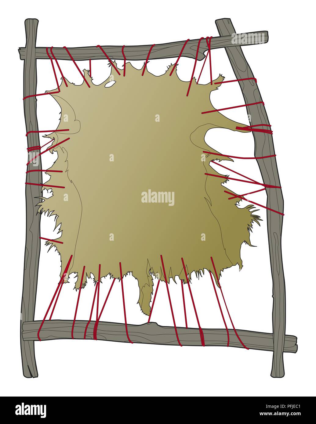 Digital illustration of tanning hide stretched on improvised frame made ...