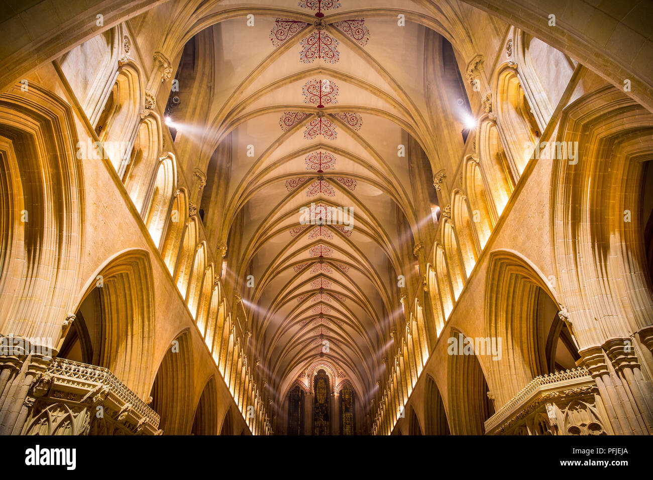 Wide angle view looking up at the large vaulted ceiling of Wells ...