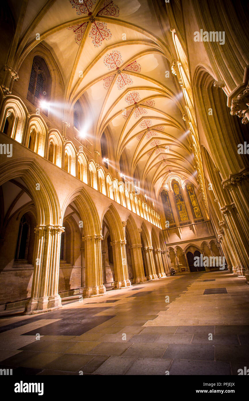 Wide angle view looking up at the large vaulted ceiling of Wells ...