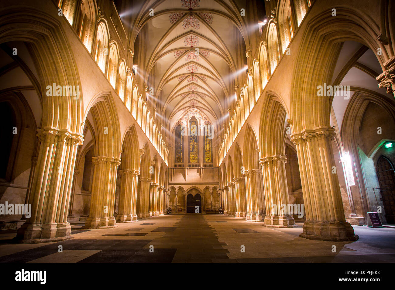 Wide angle view looking up at the large vaulted ceiling of Wells ...