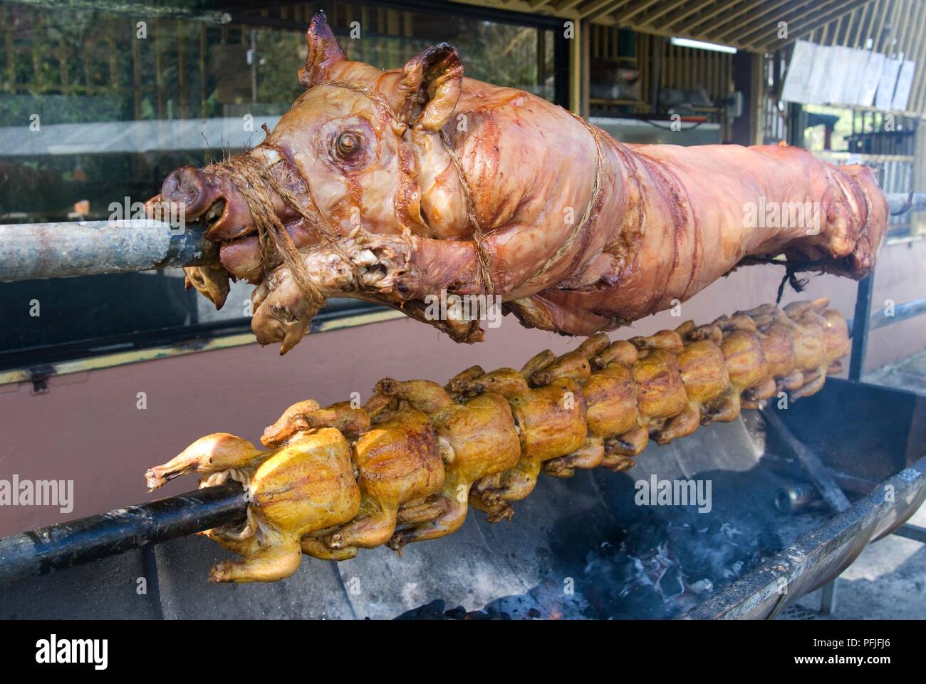 Puerto Rico, Cordillera, Guavate, whole pig (lechon) and chicken being ...