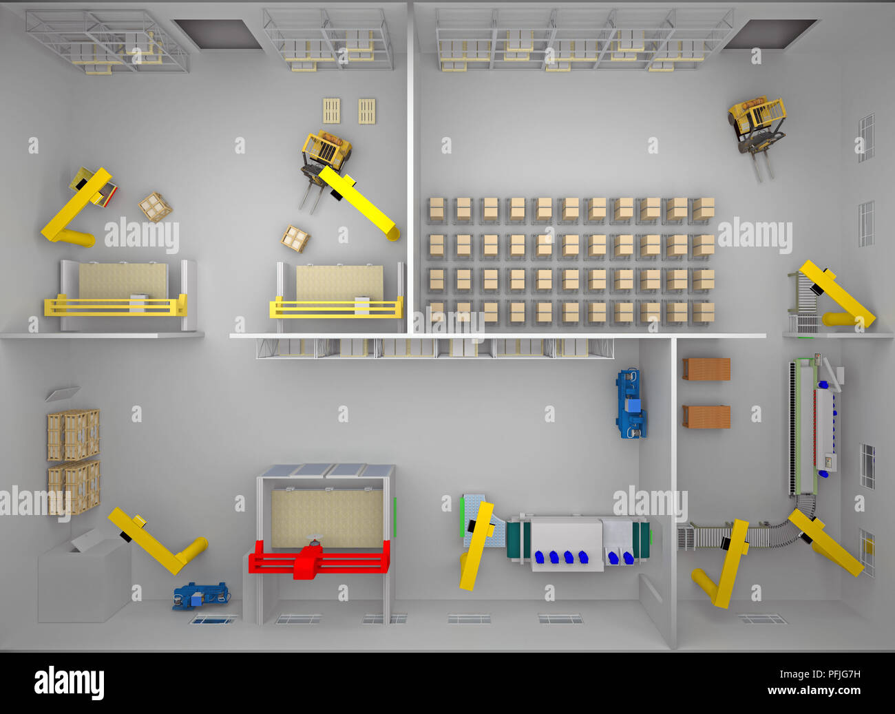 line woodworking factory top view. 3d rendering Stock Photo - Alamy