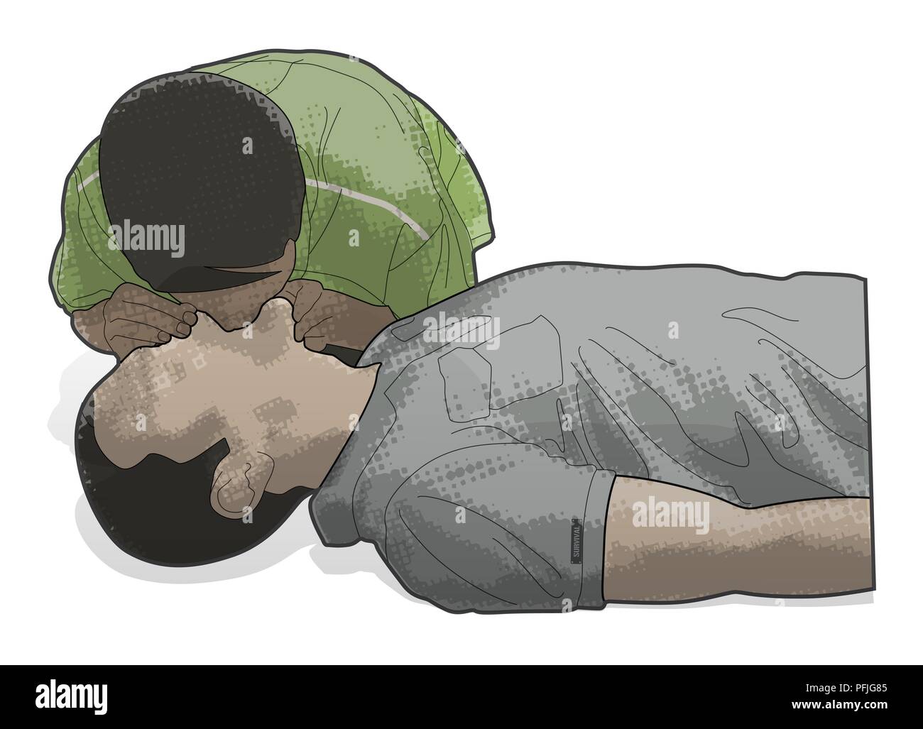 Digital composite of woman performing rescue breaths on male casualty ...