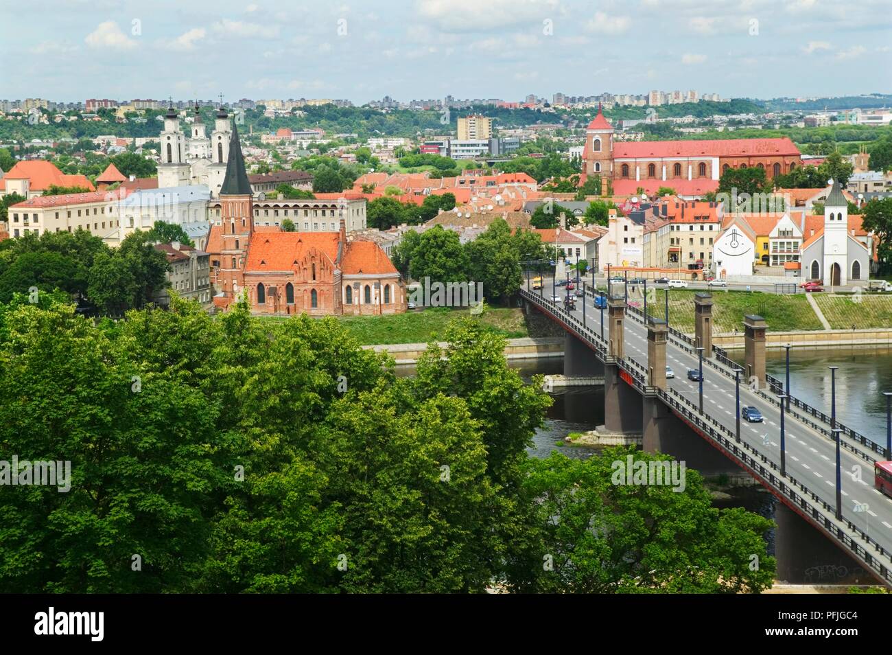 Lithuania, Kaunas, view of Aleksoto Bridge, Nemunas River and Old Town ...