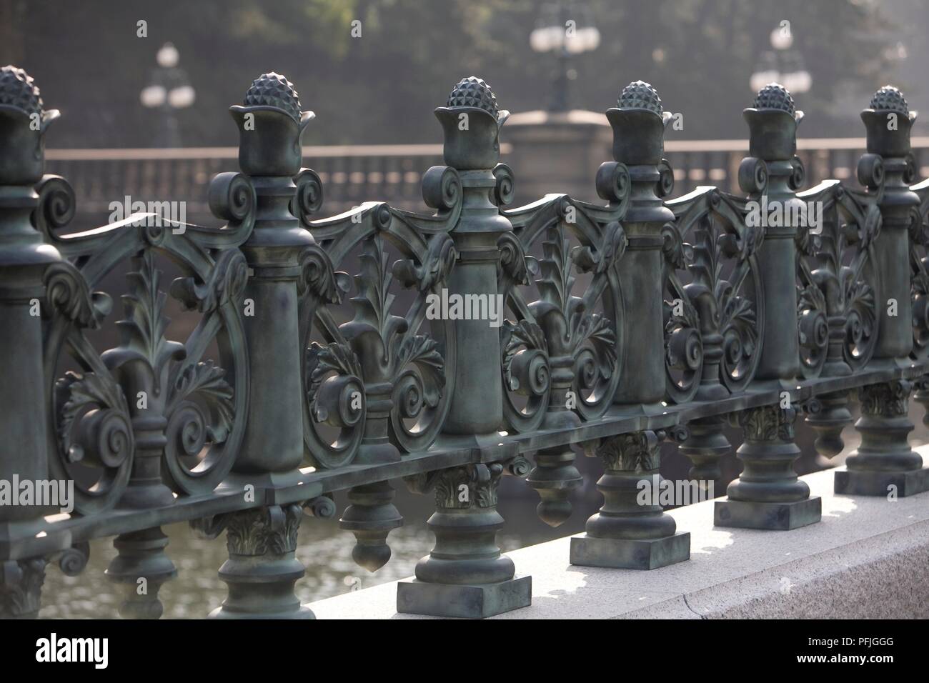 Japan, Tokyo, Imperial Palace, Nijubashi Bridge, ornate metal railings ...