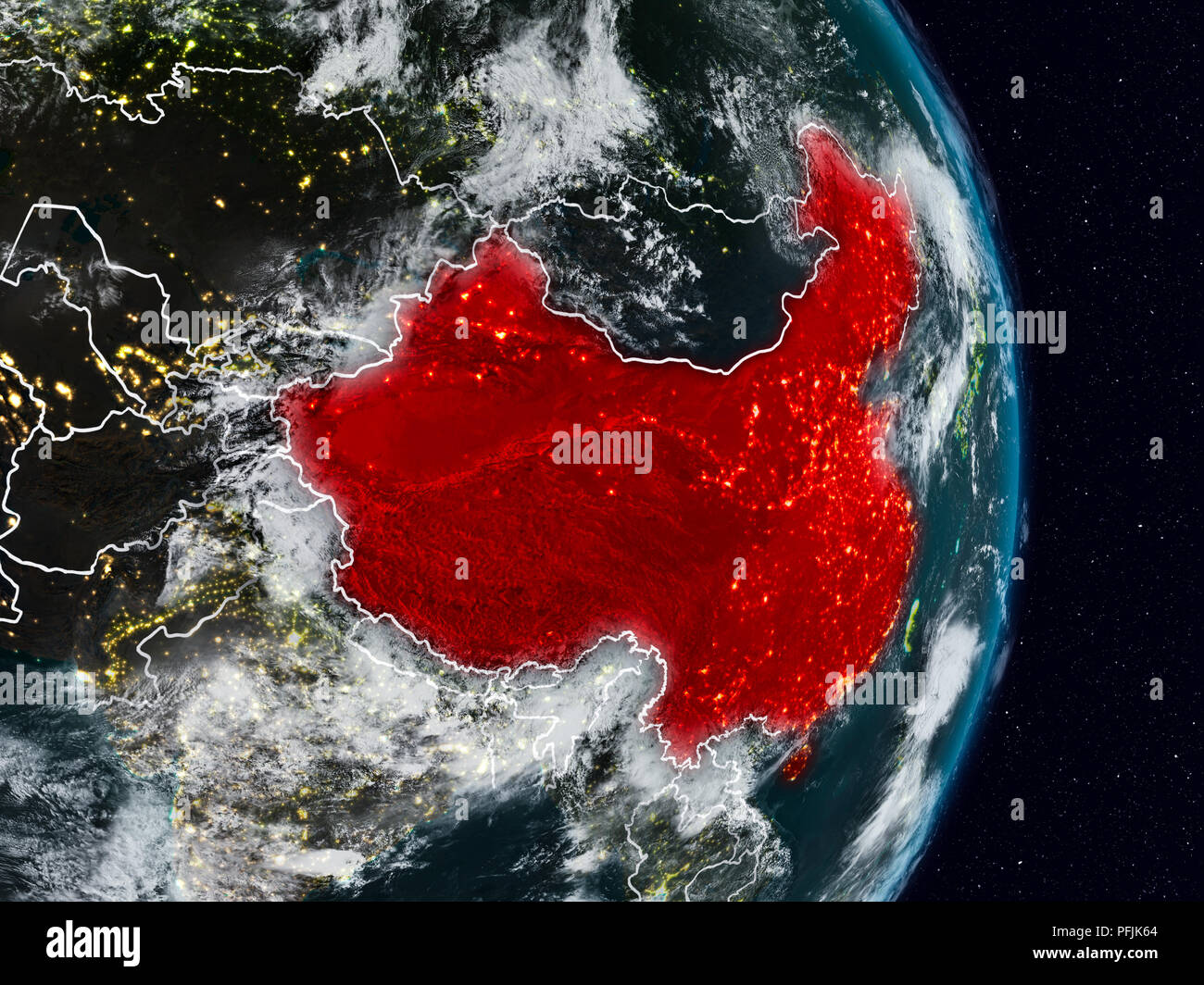 China from space on planet Earth at night with visible country borders ...