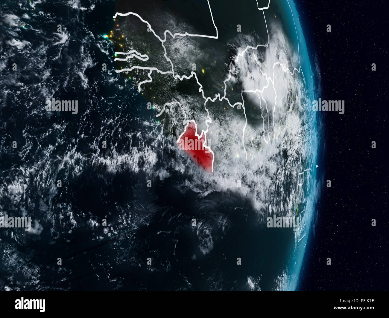 Liberia from space on planet Earth at night with visible country ...