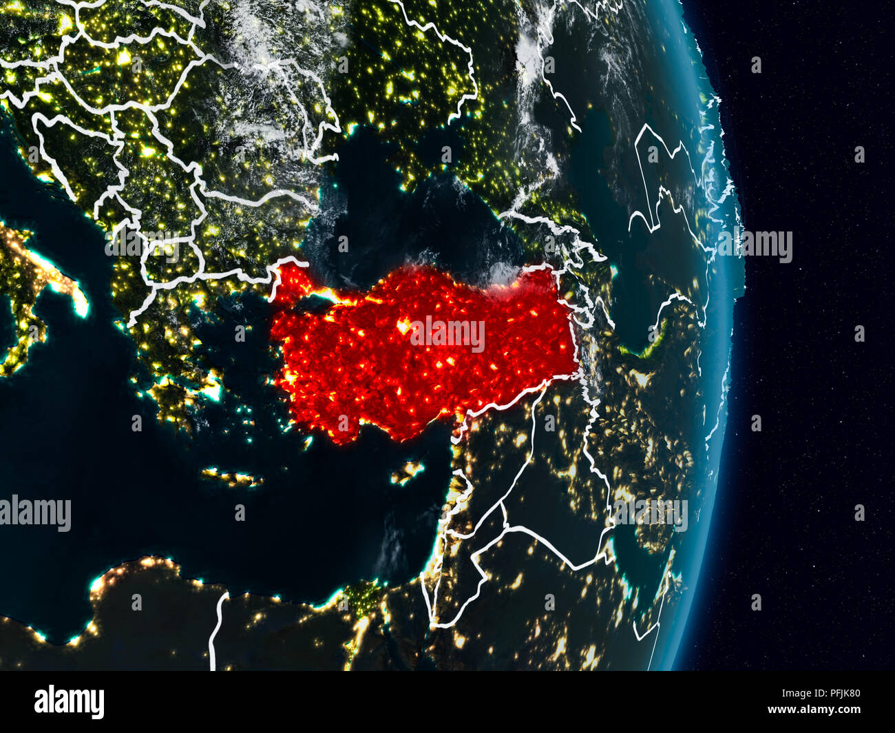 Turkey from space on planet Earth at night with visible country borders ...