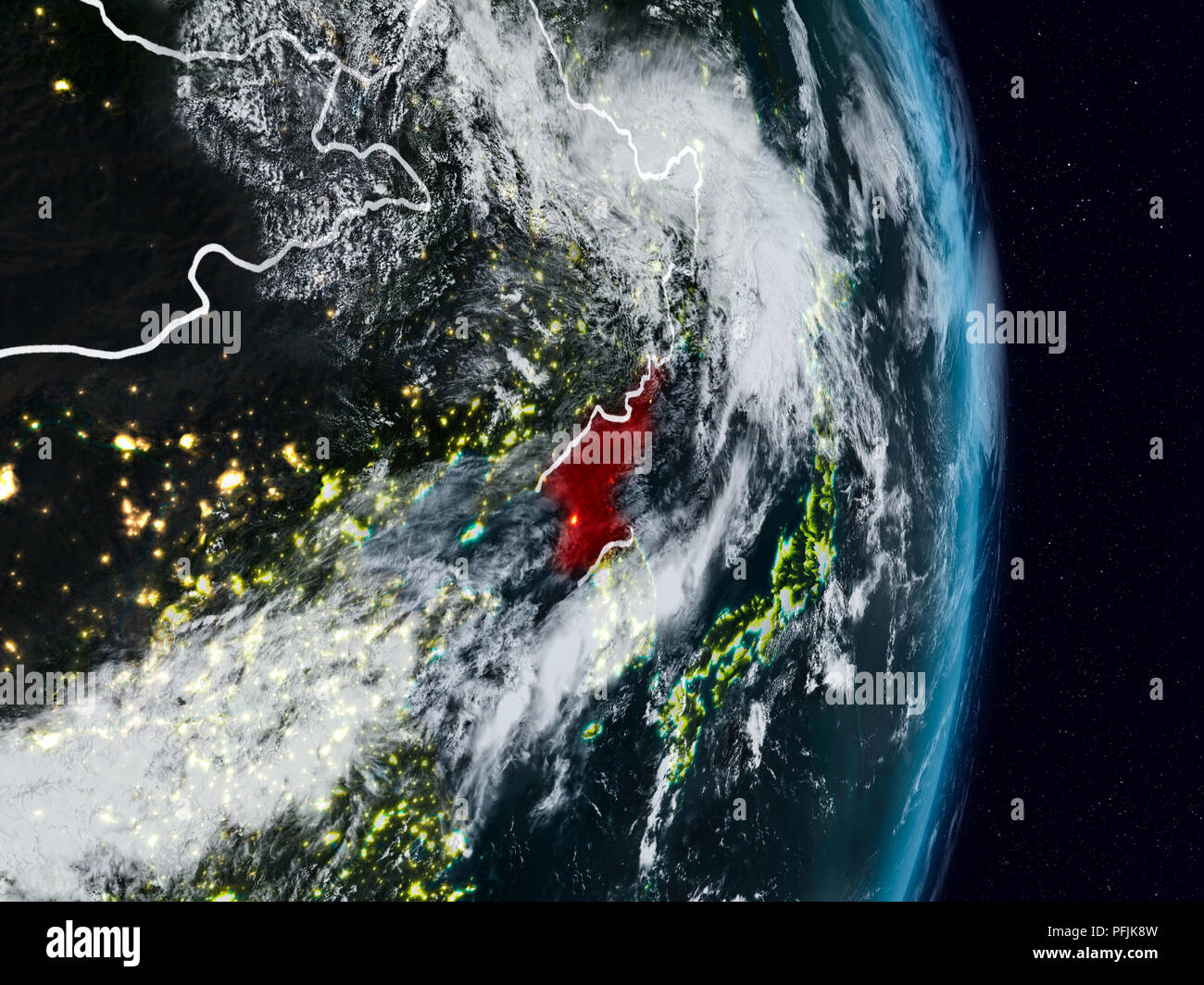 North Korea from space on planet Earth at night with visible country ...