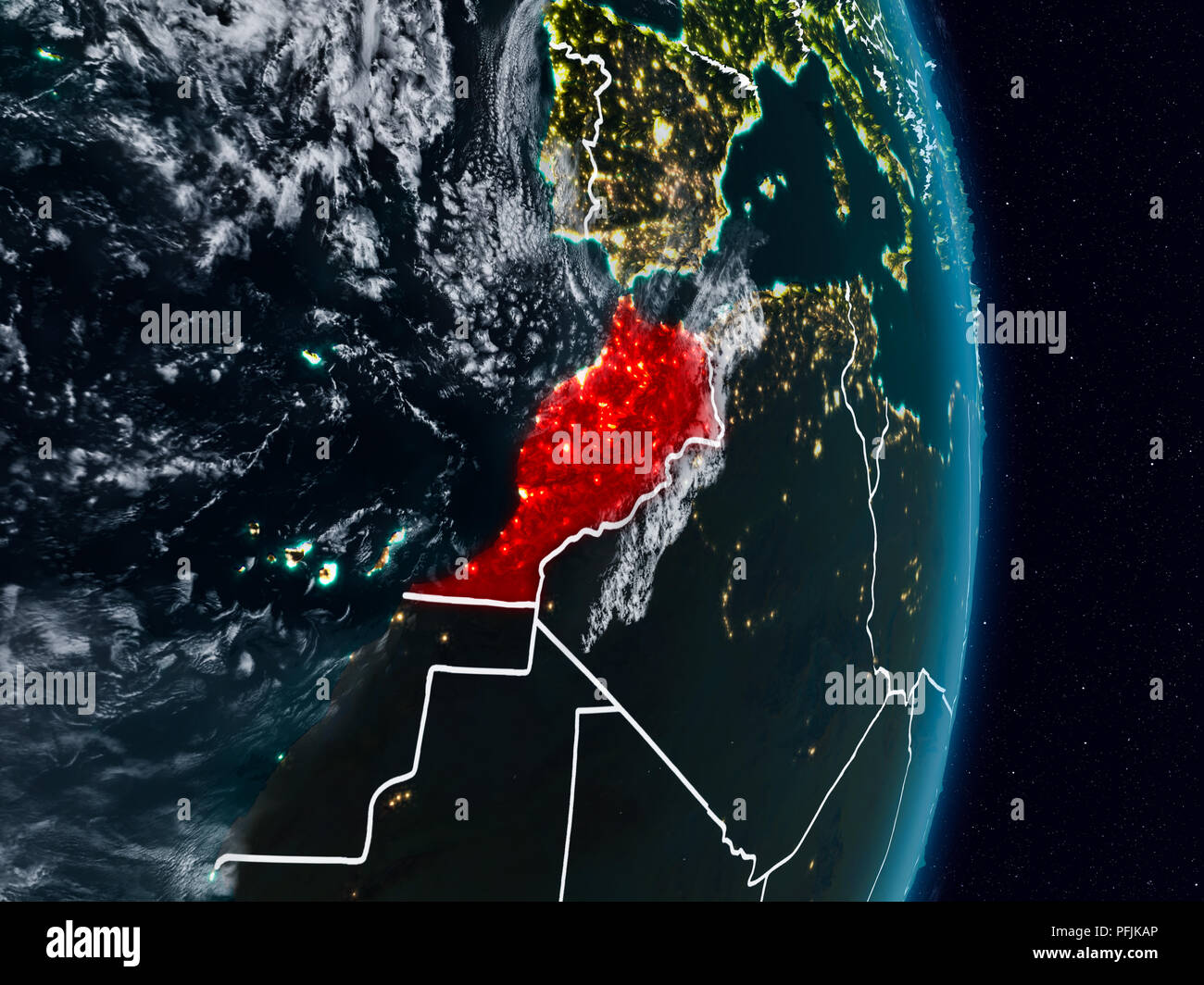 Morocco from space on planet Earth at night with visible country ...
