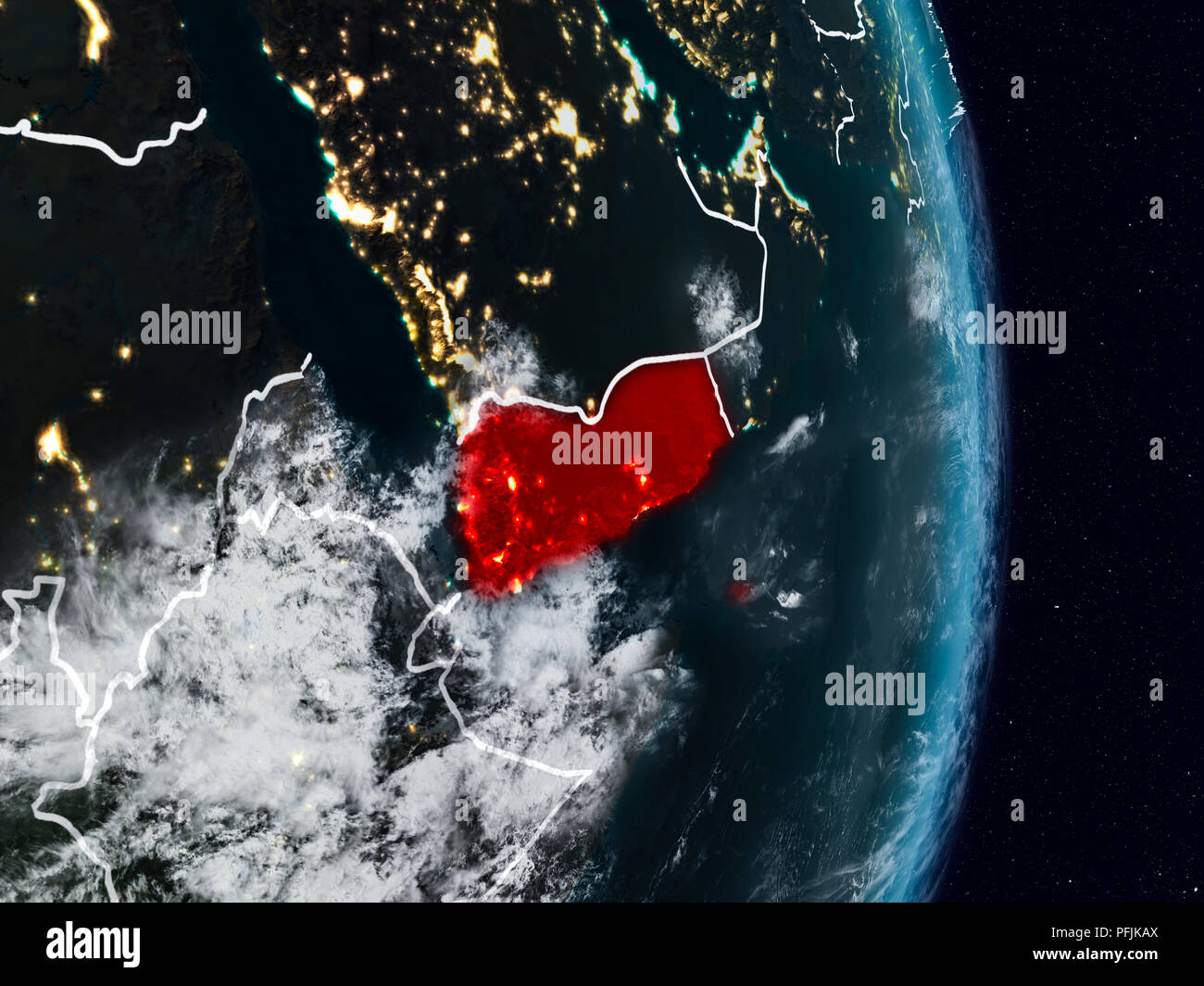 Yemen from space on planet Earth at night with visible country borders ...
