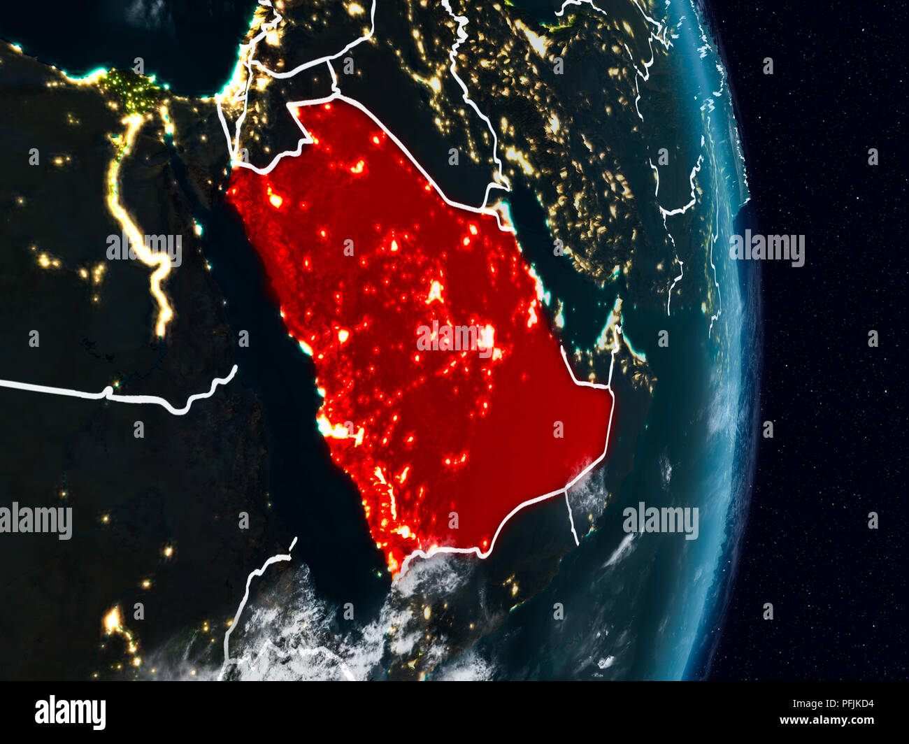 Saudi Arabia from space on planet Earth at night with visible country ...