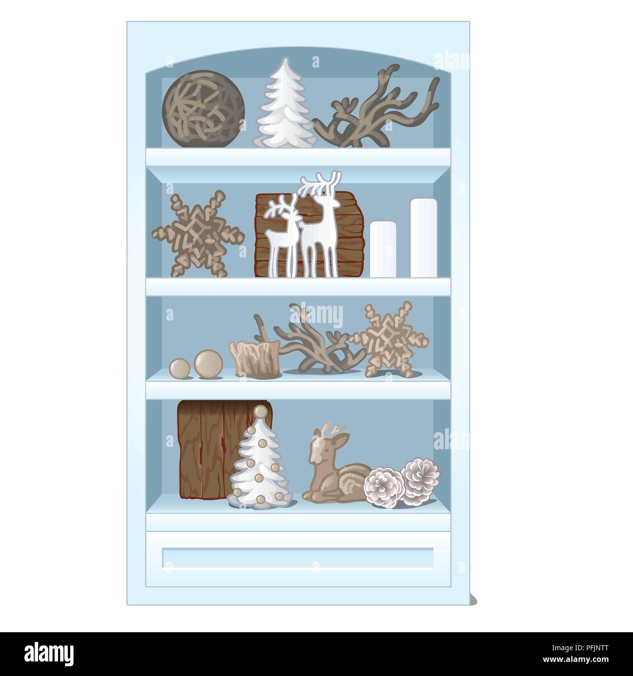 White rack with shelves, filled with beautiful festive figurines ...