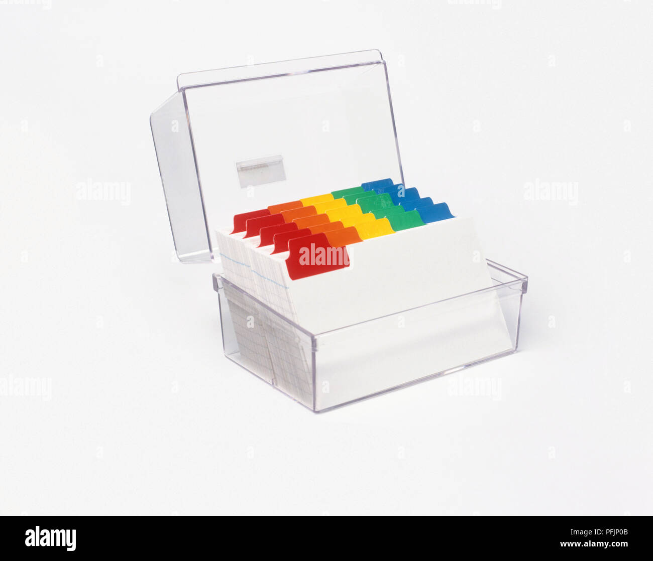 White index cards in transparent plastic container with open lid Stock ...