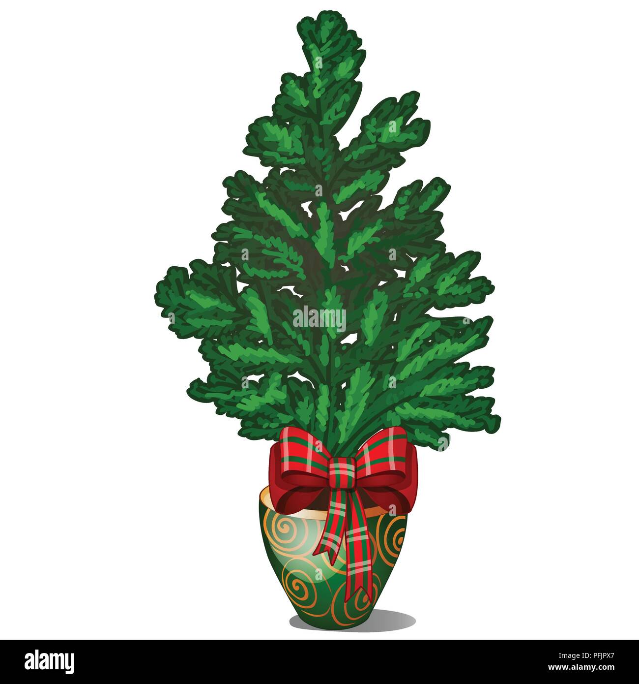 Cartoon office fir tree growing in ceramic pot in vintage style ...