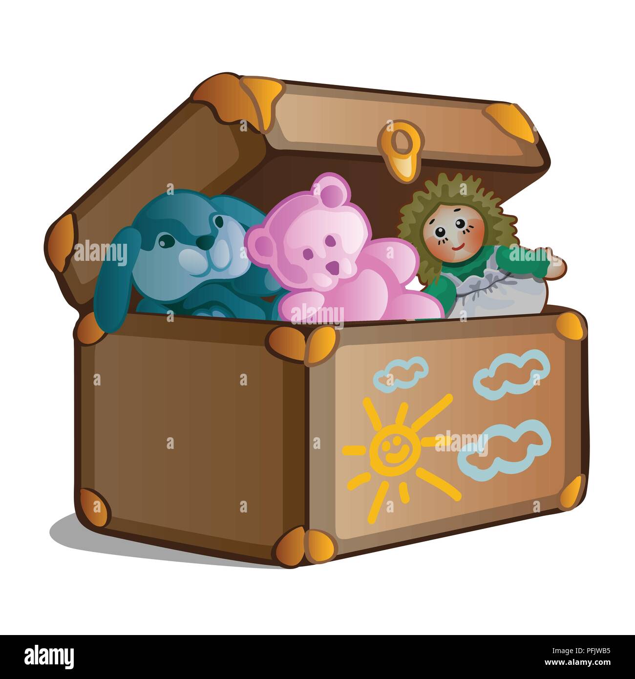 Open old suitcase with toys isolated on white background. Vector ...