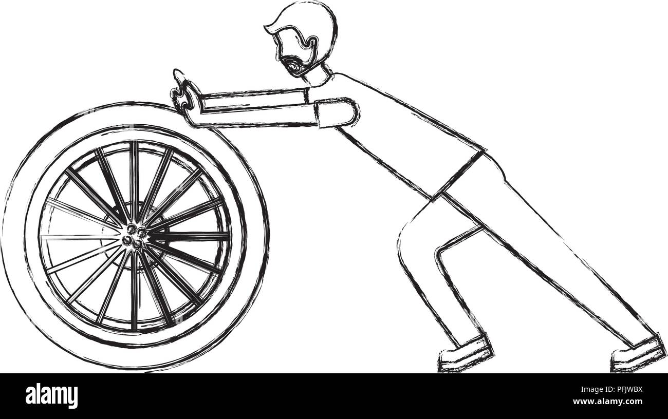 beard man pushing car wheel repair hand drawing Stock Vector Image ...