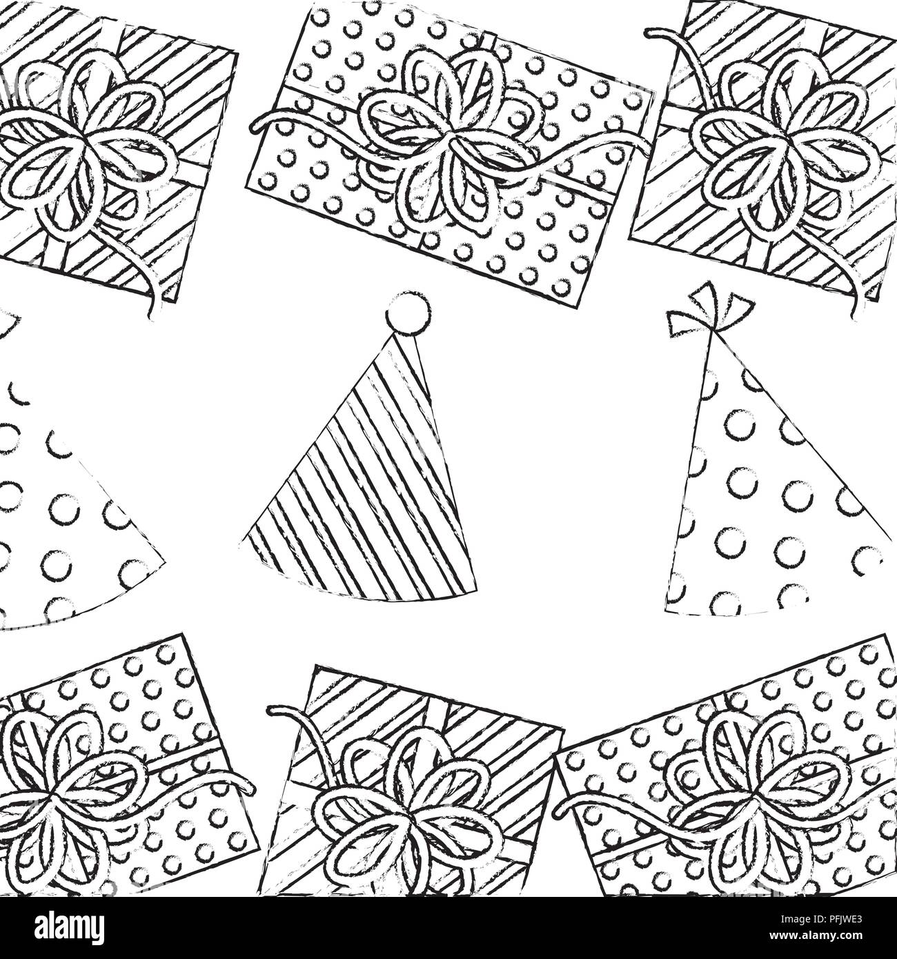 birthday gift boxes with party hats pattern hand drawing Stock Vector ...