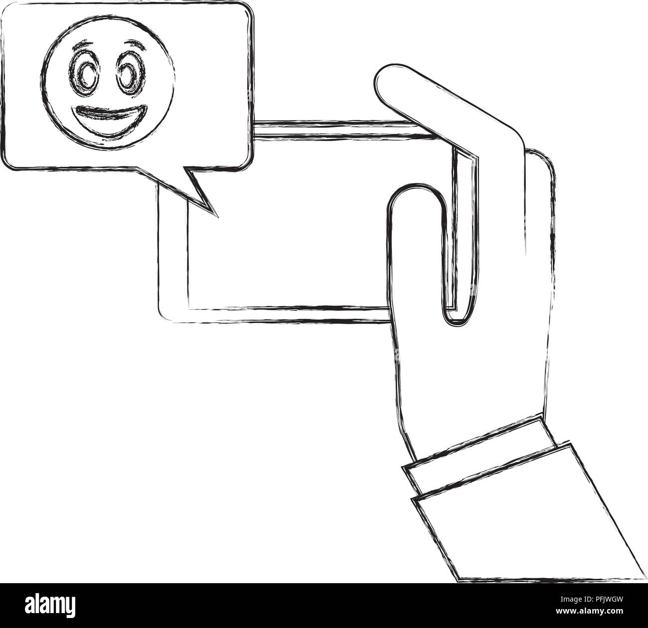 hand with smartphone chatting happy emoji hand drawing Stock Vector ...