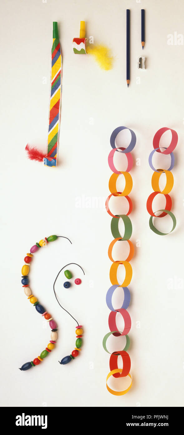 Two colourful paper chains, made of five and, respectively, twelve ...