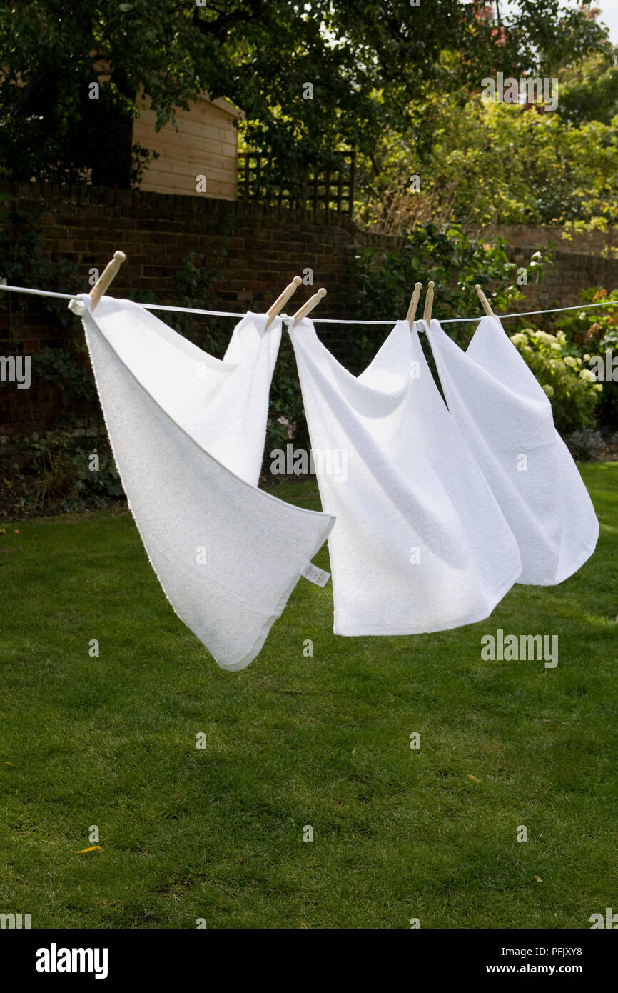 Three white towels drying on a washing line Stock Photo - Alamy